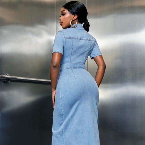 Dresses | Denim Dress With Pocket With Low Zipper Flap With Belt ...
